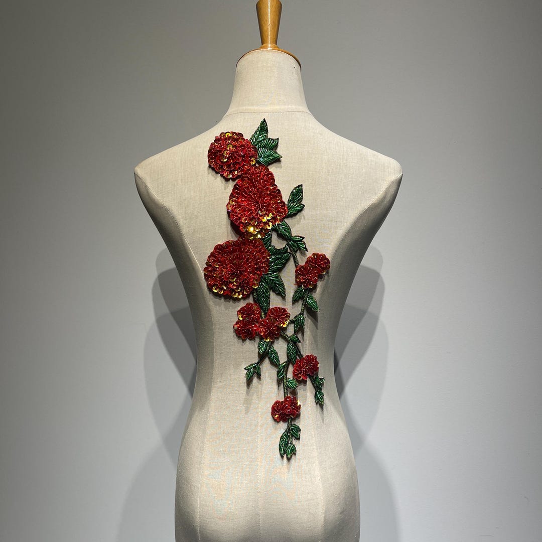 Red 3D Floral Applique – Hand Beaded Embroidery Patch With Sequins for ...