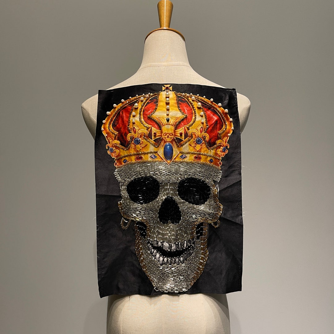 Large Crowned Beads Skull Sew on Patch | Handmade Beaded Skull Patch ...