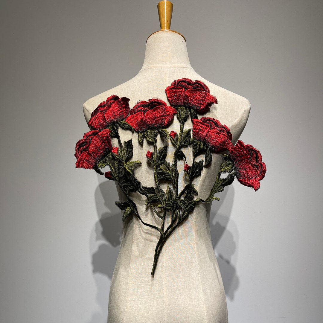 Large Embroidered Rose Flower Patch | 3D Red Roses Appliqué for ...