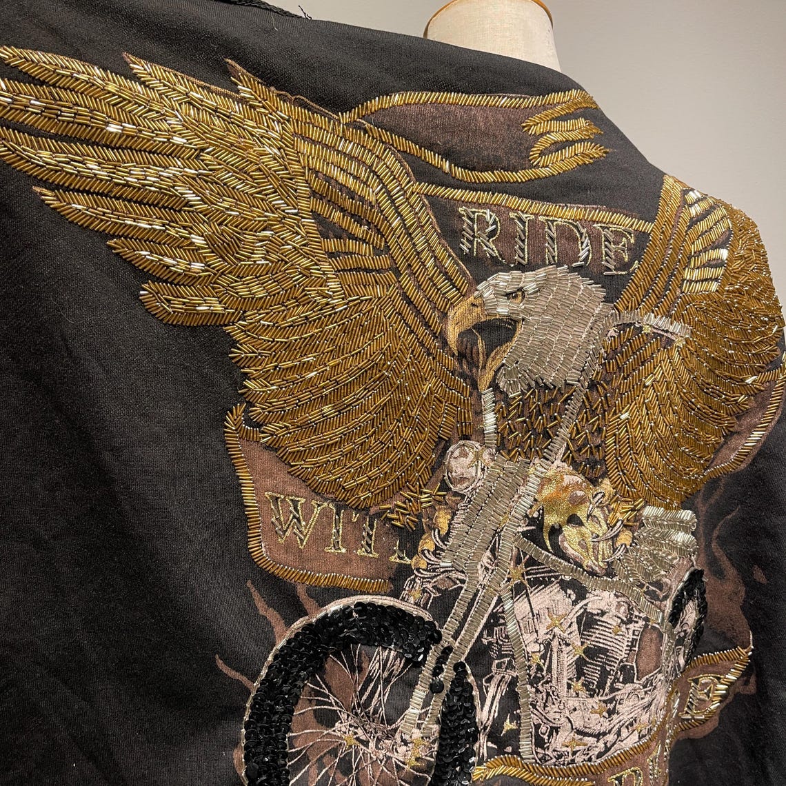 Gold Eagle Riding Motorcycle Appliqué – Extra Large Patch With Sequin ...