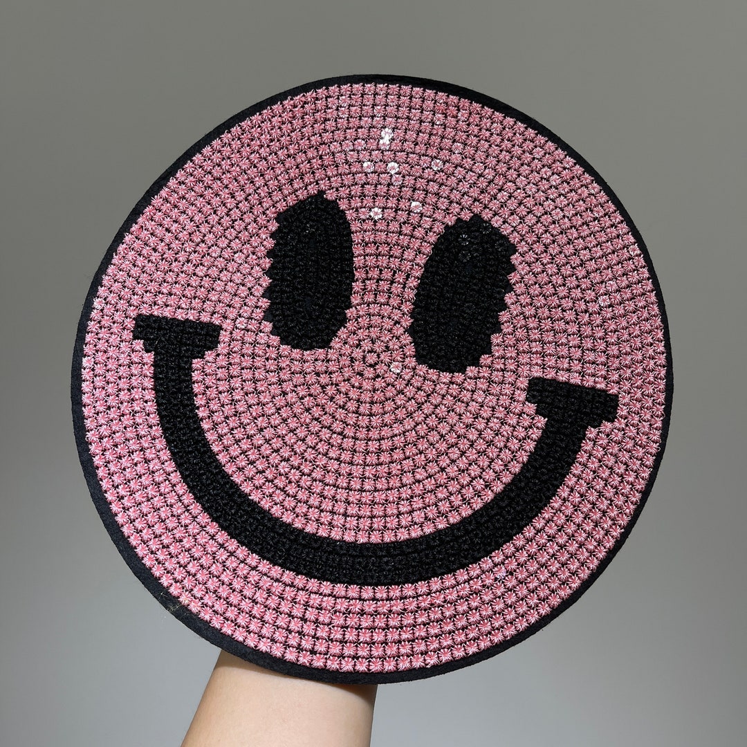 Smiley Face Iron on Patch Hot Pink Embroidered for Vintage Clothes or T ...