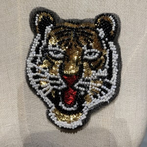 Wild Striking Beaded Sequin Tiger Head Sew-on Patch - Perfect for Denim ...