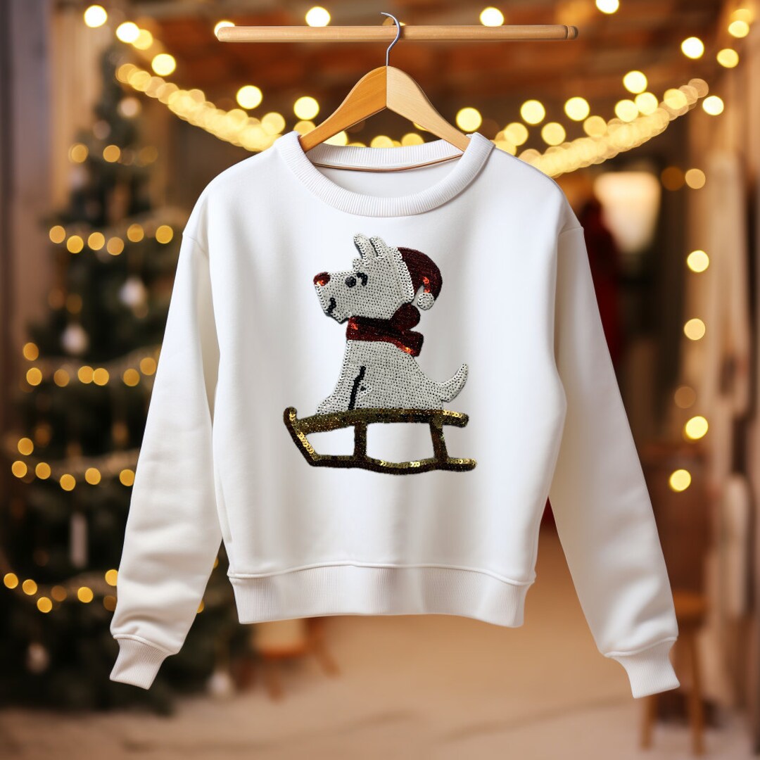 Christmas Snow Dog Sequins Iron on Patches for Xmas Party Use or ...