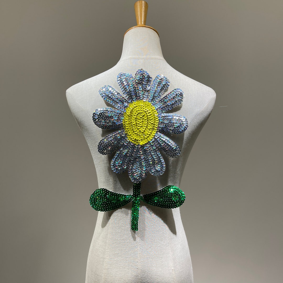 Large Silver Sunflower Sequin Sew on Patch-stunning Statement Piece for Jackets and Clothing ...