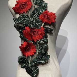 Large Embroidered Red Flower Patch | Floral Appliqué With Green Leaves ...