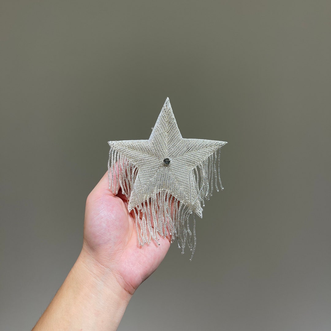 Small Tassels White Pentagram Star With Silver Beads and Rhinestone Sew ...