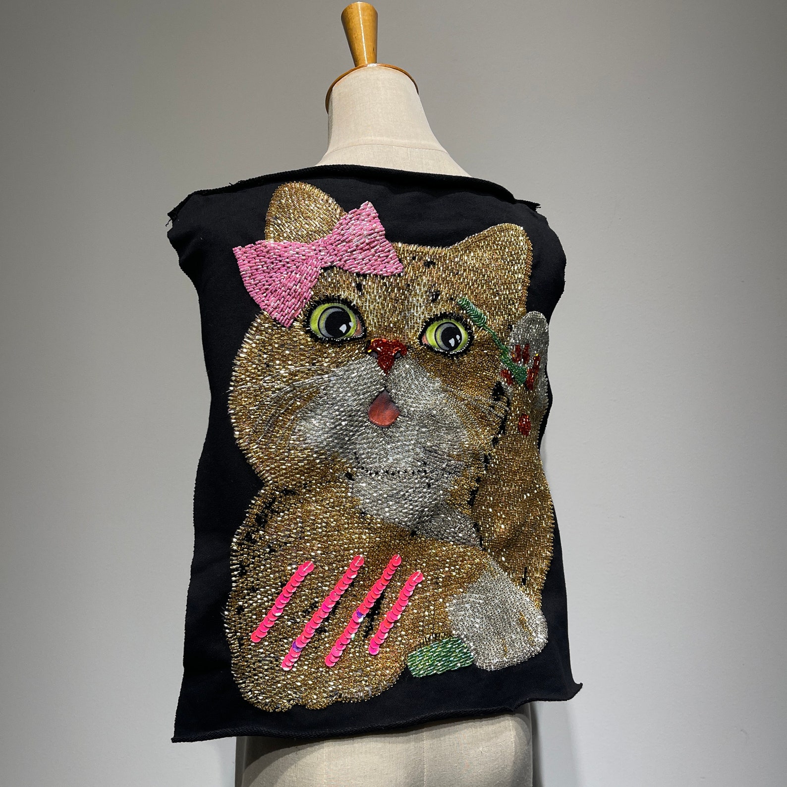 Extra Large Beaded Cat Patch | Handcrafted Embroidered Cat With Pink ...
