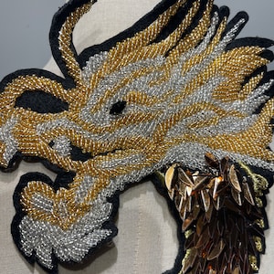 Extra Large Gold Sequin Dragon Patch | Handmade Beaded Embroidery Appliqué | Luxury Oriental ...