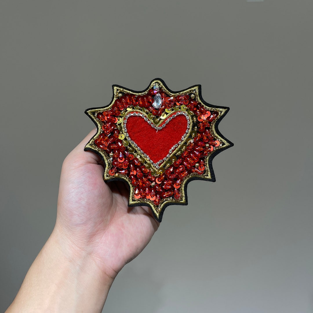 Gold Sequins Sacred Heart Patch With Rhinestone Red Sequins and Beads ...