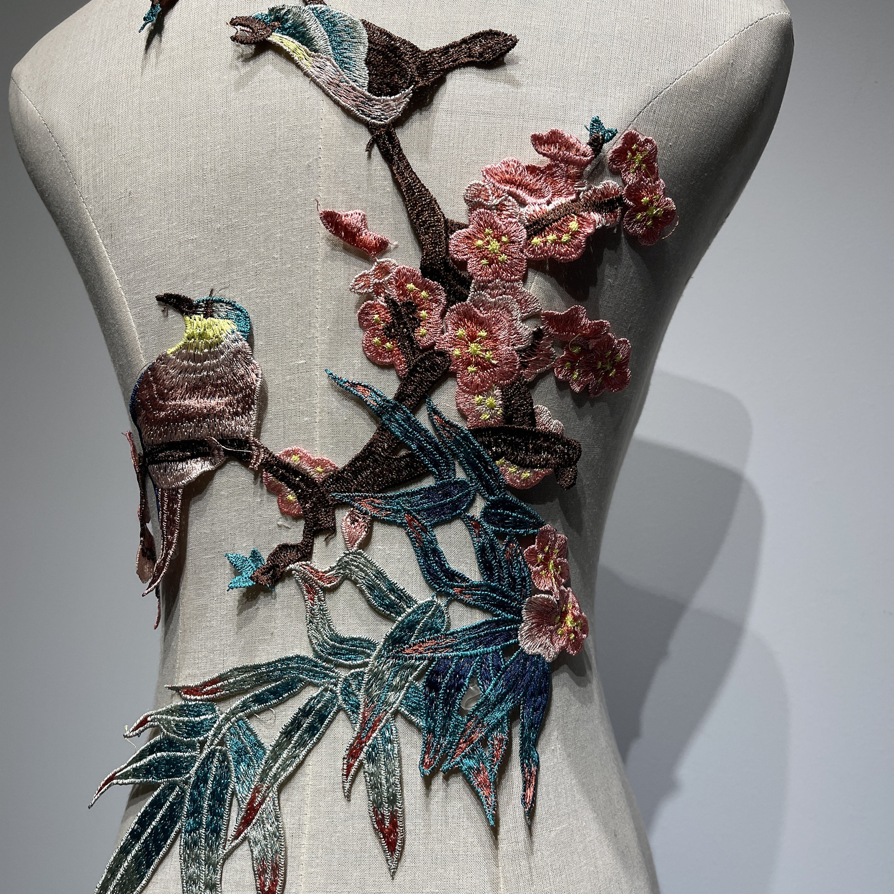 Embroidered Plum Blossom Flower Patch With Birds and Blue Leaves Nature ...