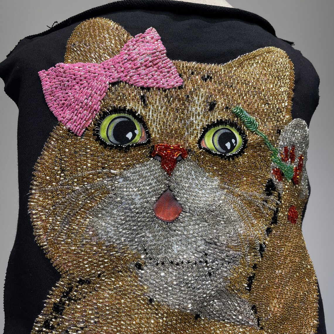 Extra Large Beaded Cat Patch | Handcrafted Embroidered Cat With Pink ...