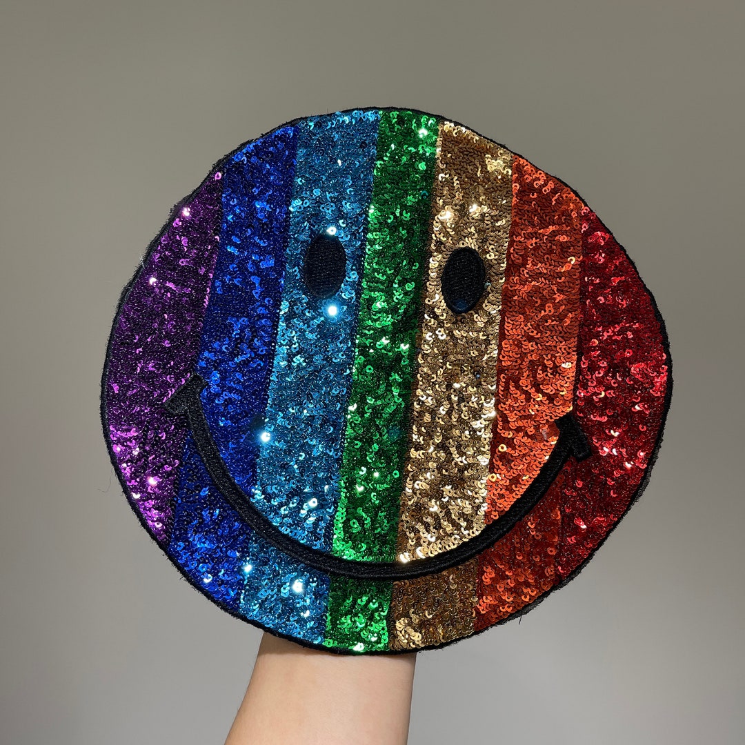 Large Rainbow Happy Face Sequins Patch for Clothes Colorful Embroidered ...