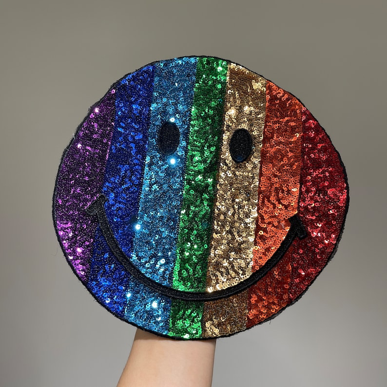 Large Rainbow Happy Face Sequins Patch for Clothes Colorful Embroidered ...