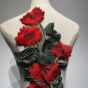 Large Embroidered Red Flower Patch | Floral Appliqué With Green Leaves ...