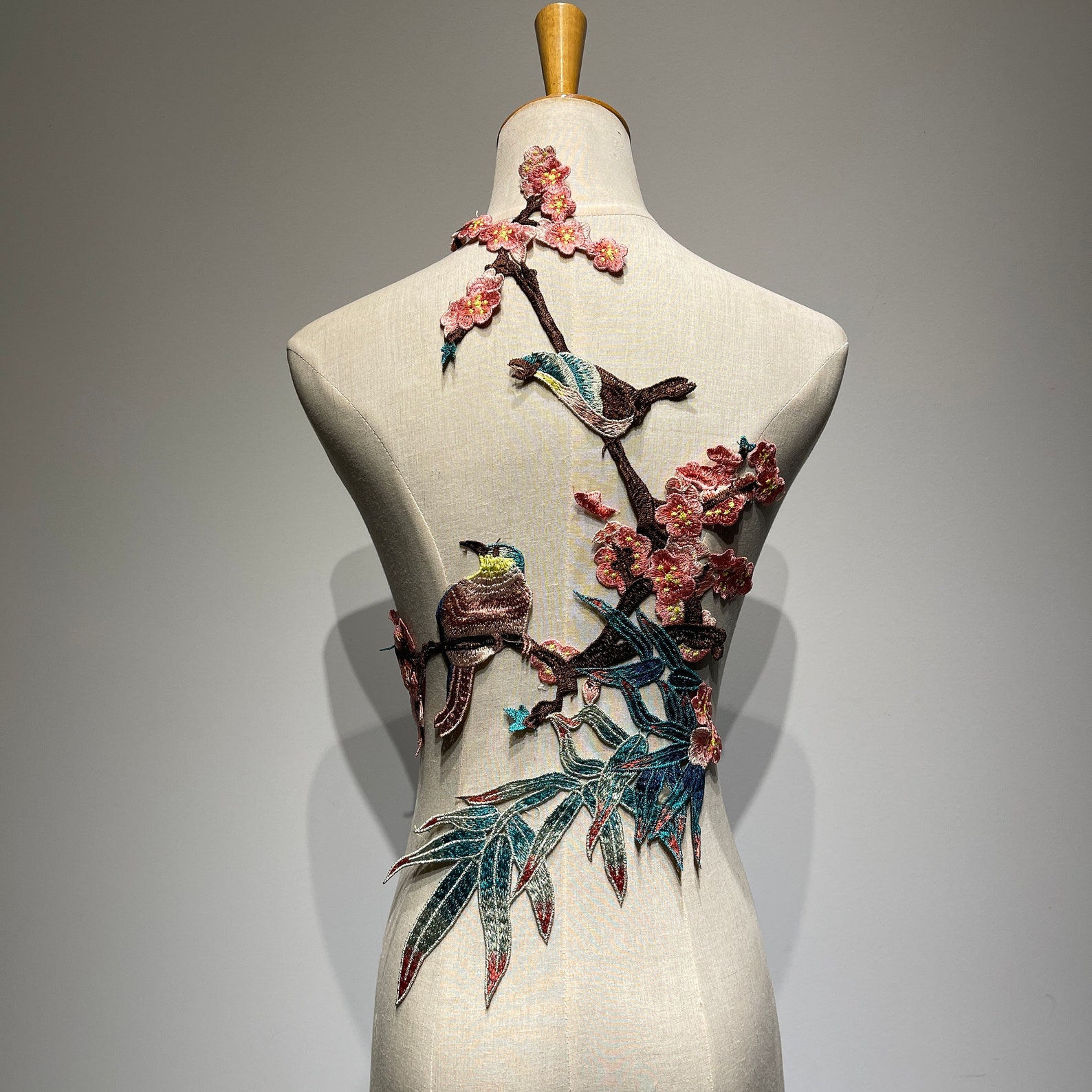 Embroidered Plum Blossom Flower Patch With Birds and Blue Leaves Nature ...