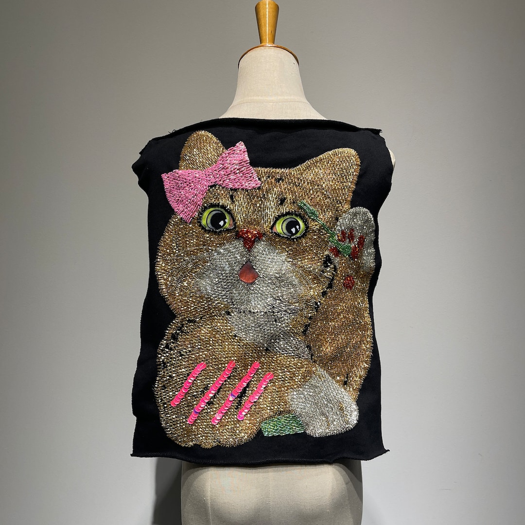 Extra Large Beaded Cat Patch | Handcrafted Embroidered Cat With Pink ...