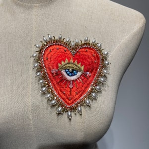 Vintage Inspired Beaded Sacred Heart Patch | Embroidered Green Evil Eye ...