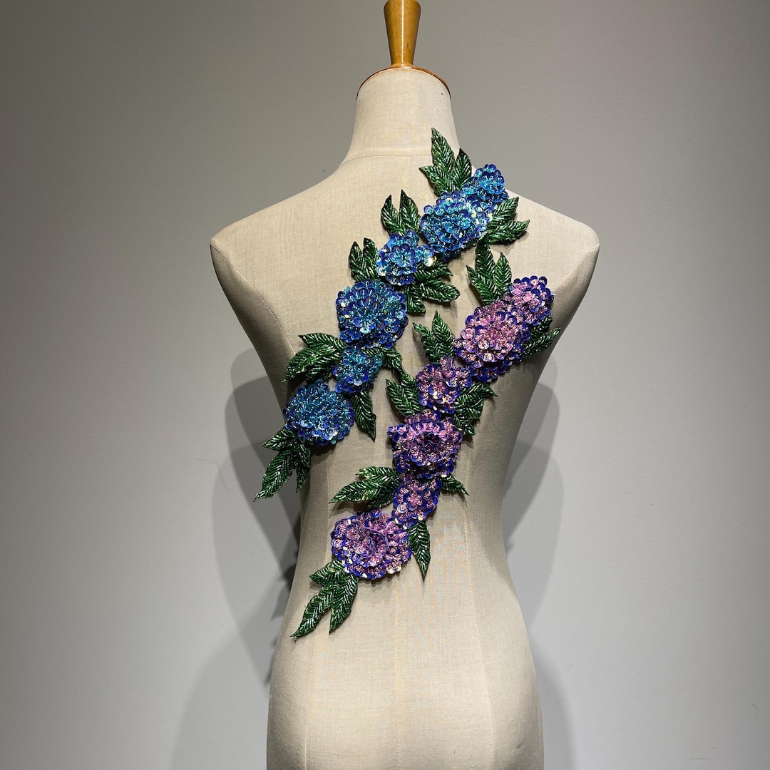 Sparkling Sequin Flower Patch - Blue and Purple Embroidered Floral ...