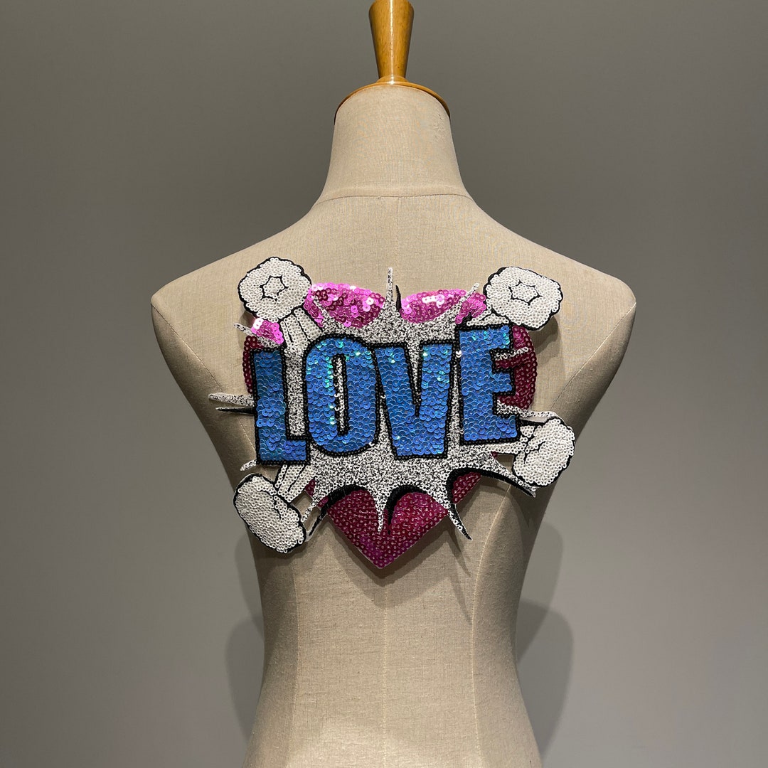 Dazzling Sequinned Pink Explosive Heart Iron-on Patch With Blue Love ...
