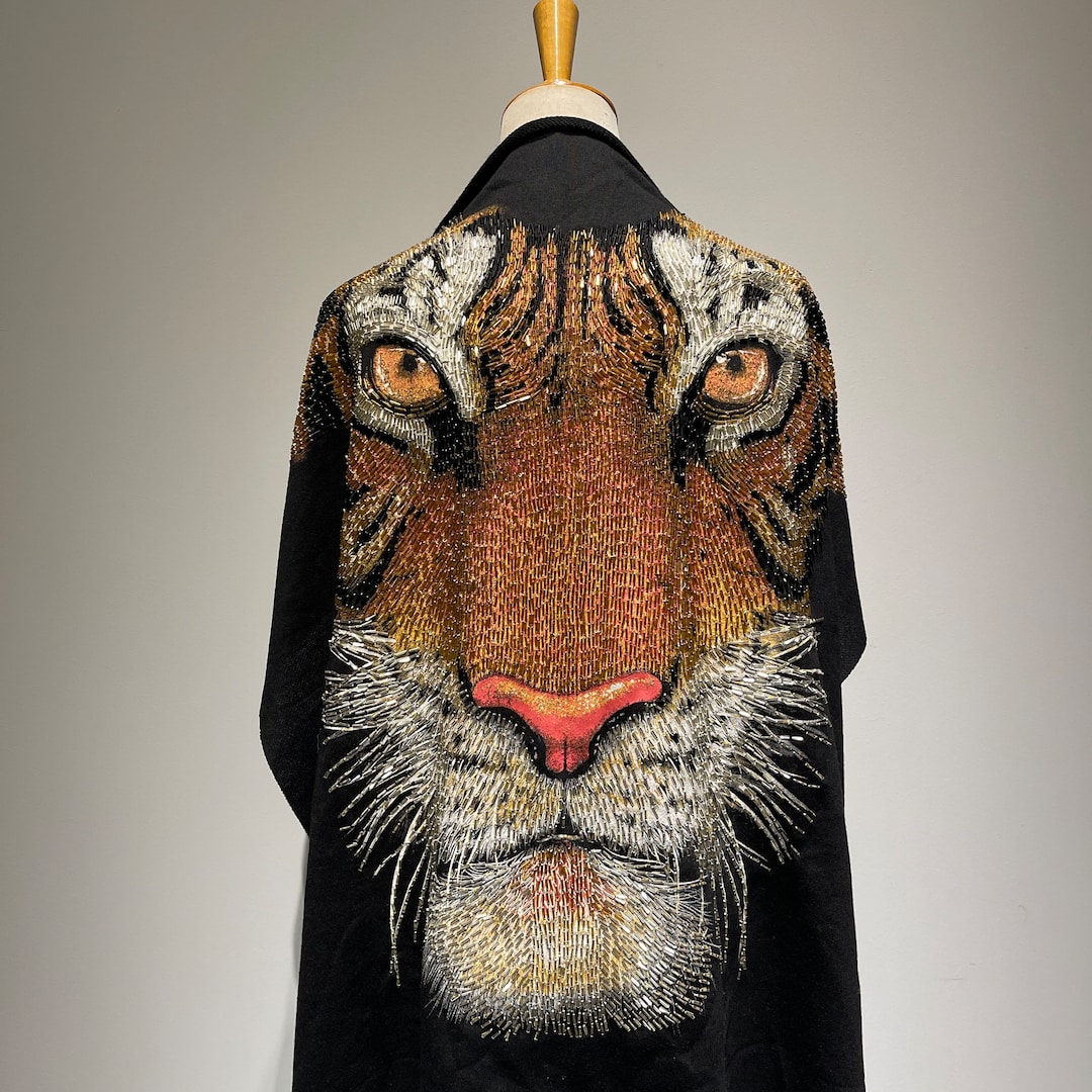 Extra Large Tiger Face Patch - Handmade Beaded and Sequin Embroidery Appliqué for Jackets, Coats ...