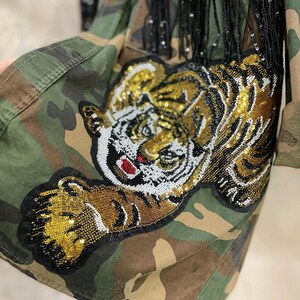 Gold Sequins Beaded Tiger Applique Handmade Sew on Patches for Vintage Clothes Back or Denim ...