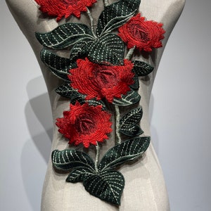 Large Embroidered Red Flower Patch | Floral Appliqué With Green Leaves ...