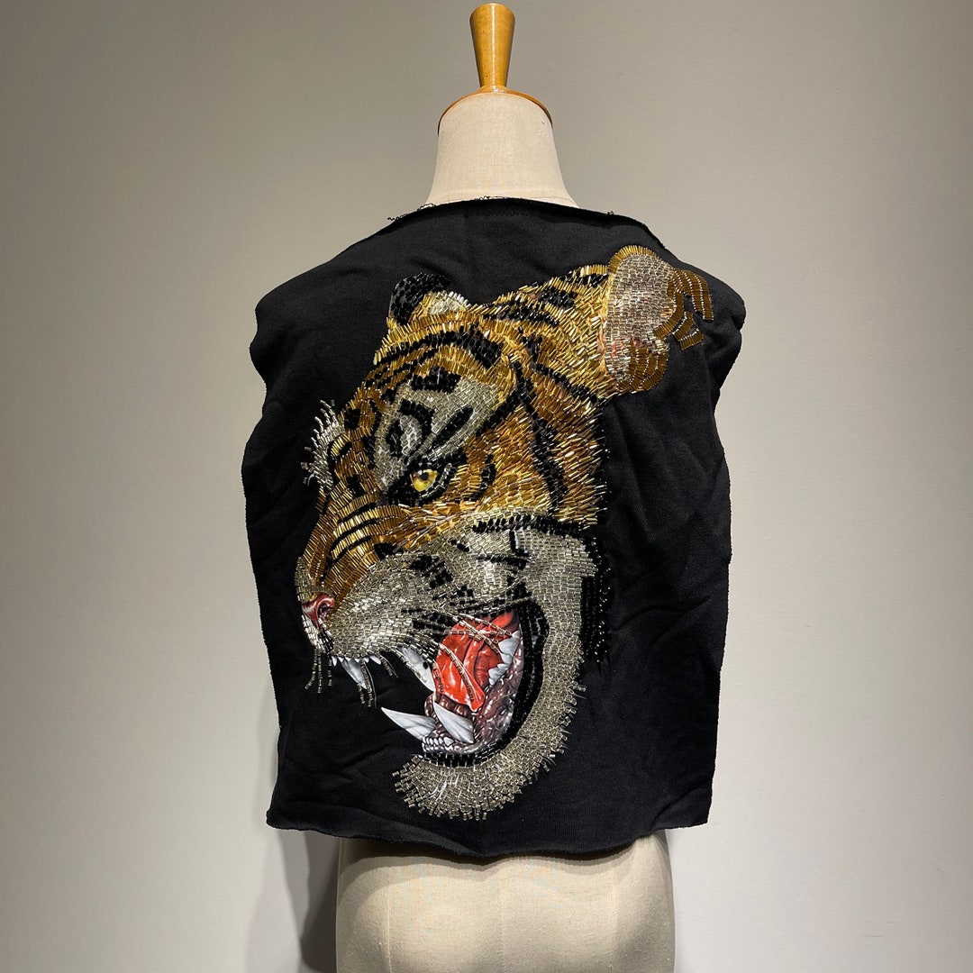 Exclusive Large Tiger Head Patch With Gold & Silver Beading Applique on French Terry - Etsy