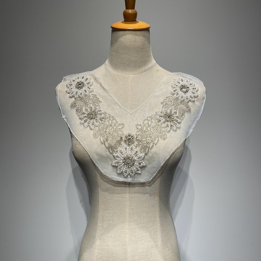 V-shaped Pearl Beaded Collar Appliqué - Bridal Mesh Neckline ...