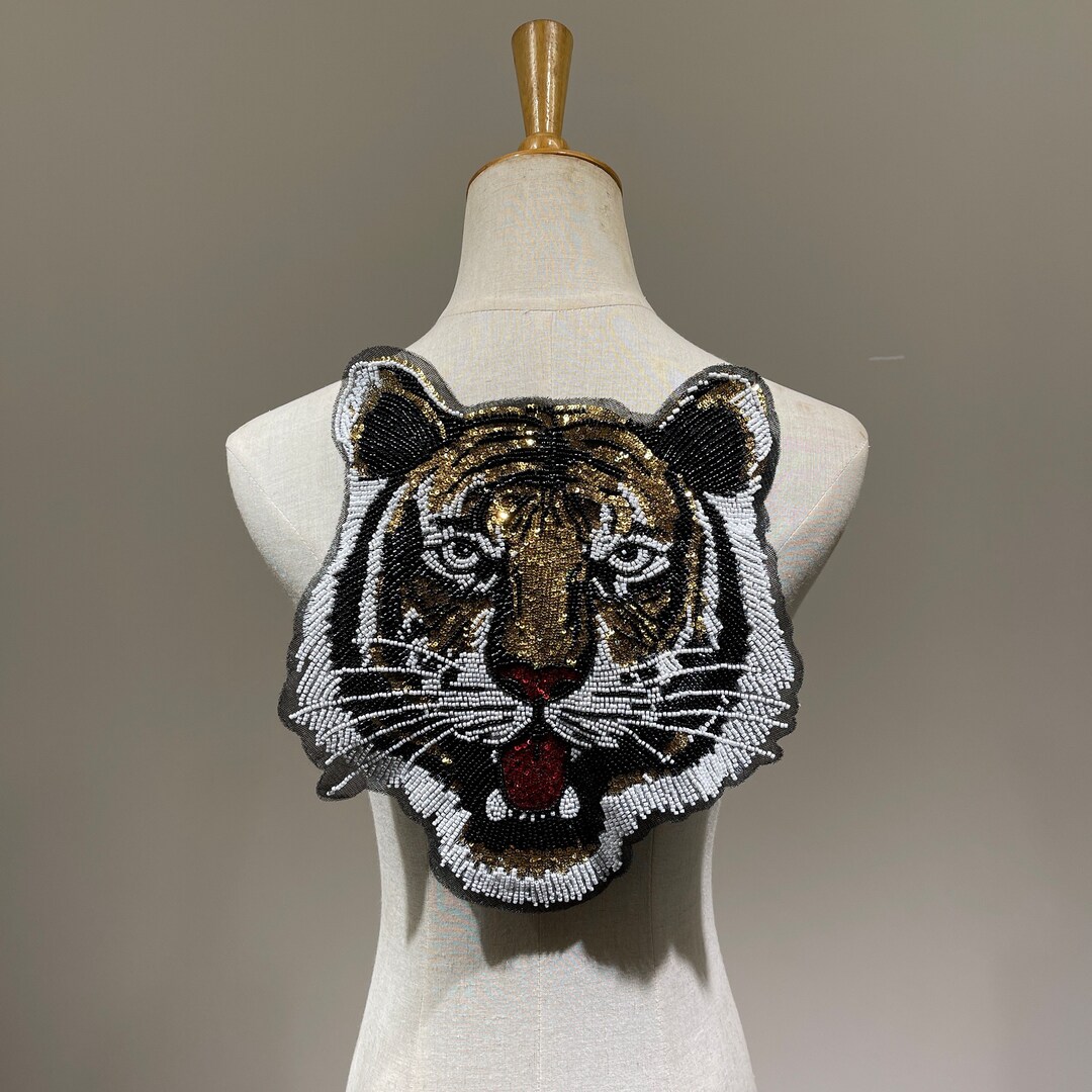 Wild Striking Beaded Sequin Tiger Head Sew-on Patch - Perfect for Denim Jackets, Bags, Clothes ...