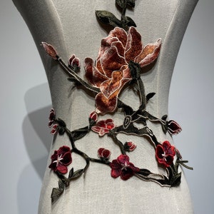 Large Embroidered Red Flower Patch With Red Bird Accent - Lifelike ...