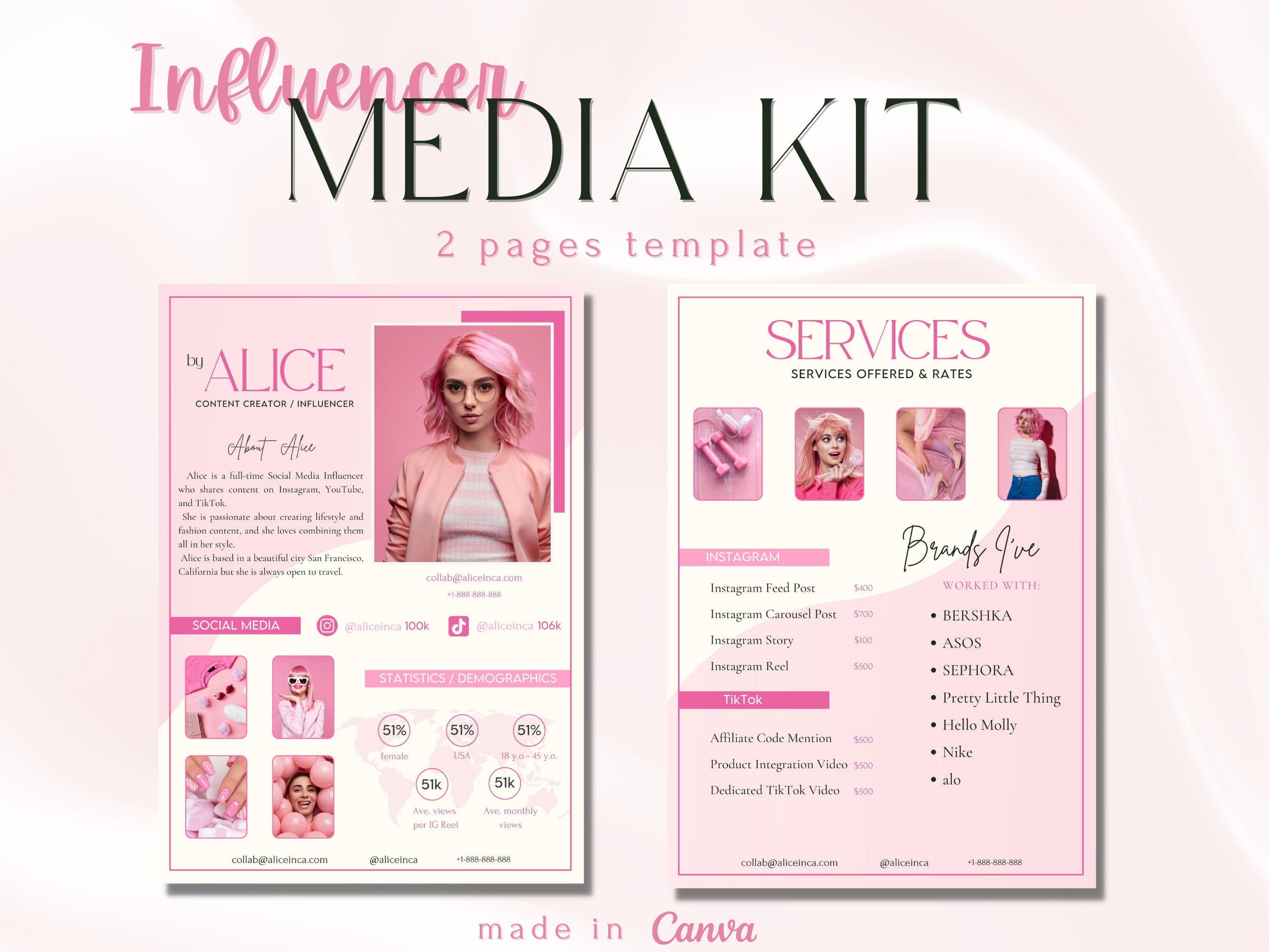 Influencer Media Kit Template, Pink Design, Canva (PDF) - Etsy
