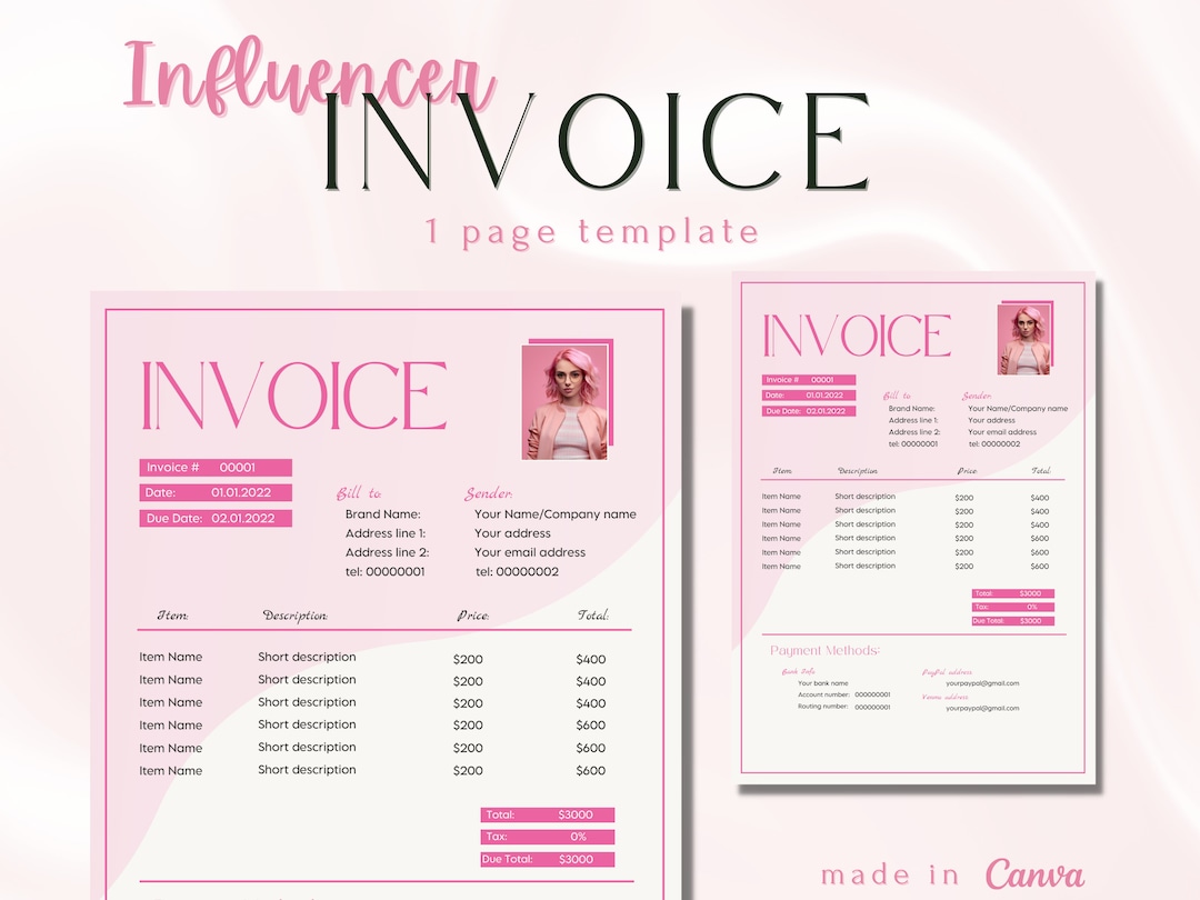 Pink Influencer Invoice Template, Editable in Canva (PDF) - Etsy