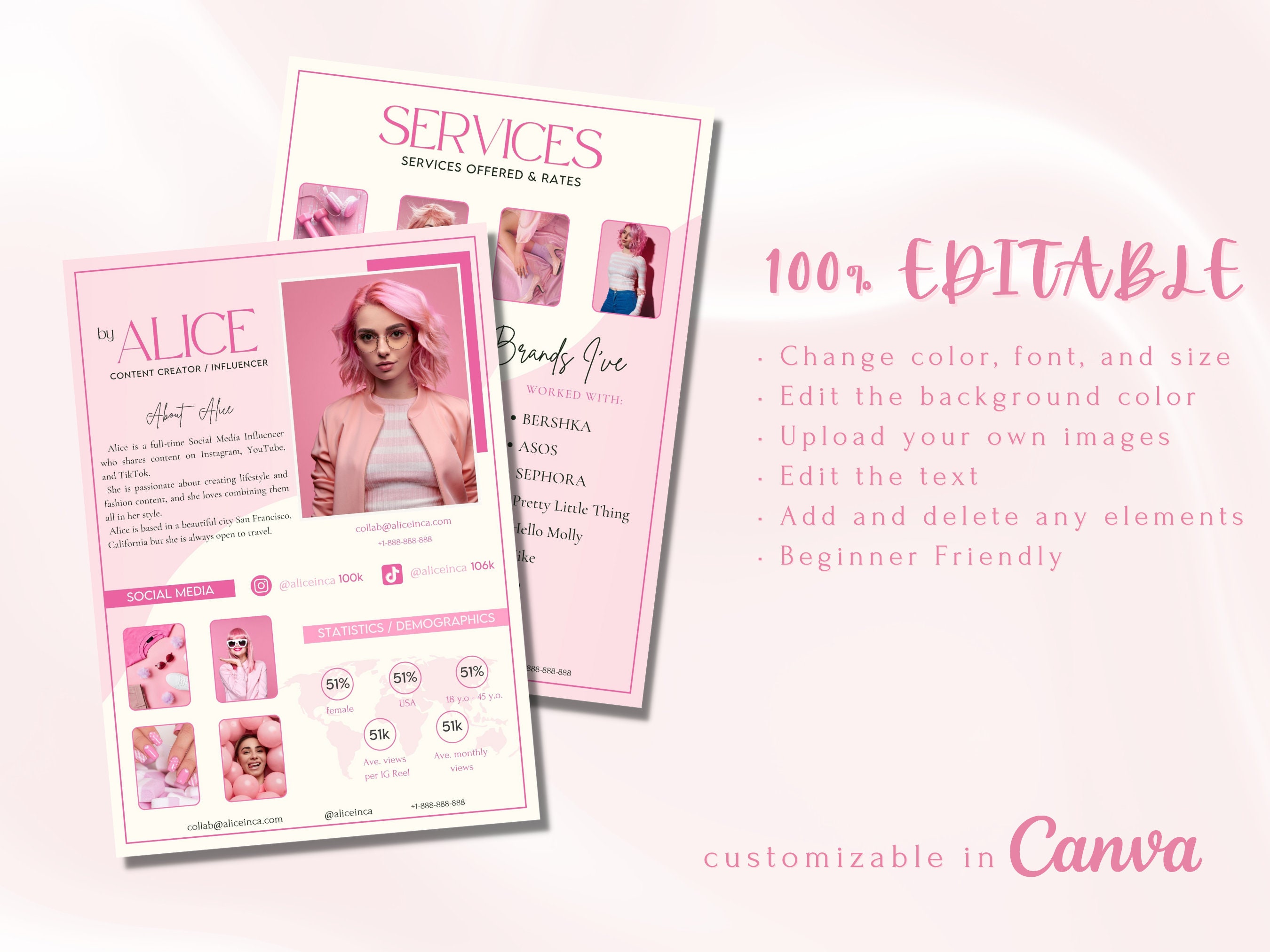 Influencer Media Kit Template, Pink Design, Canva (PDF) - Etsy