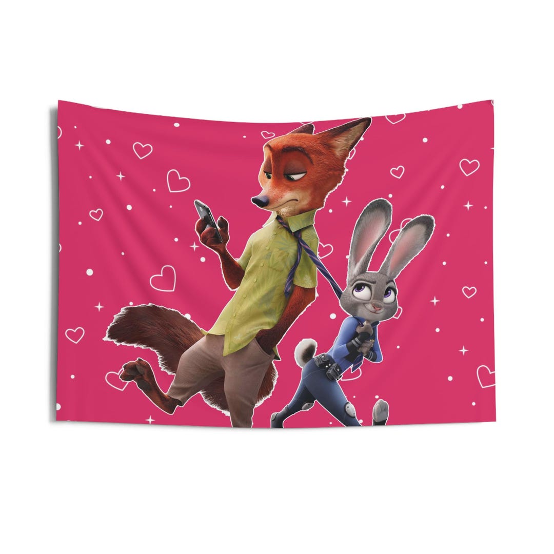 Judy Hopps and Nick Wilde Zootopia Pink Heart Flag, Nick Wilde Indoor ...