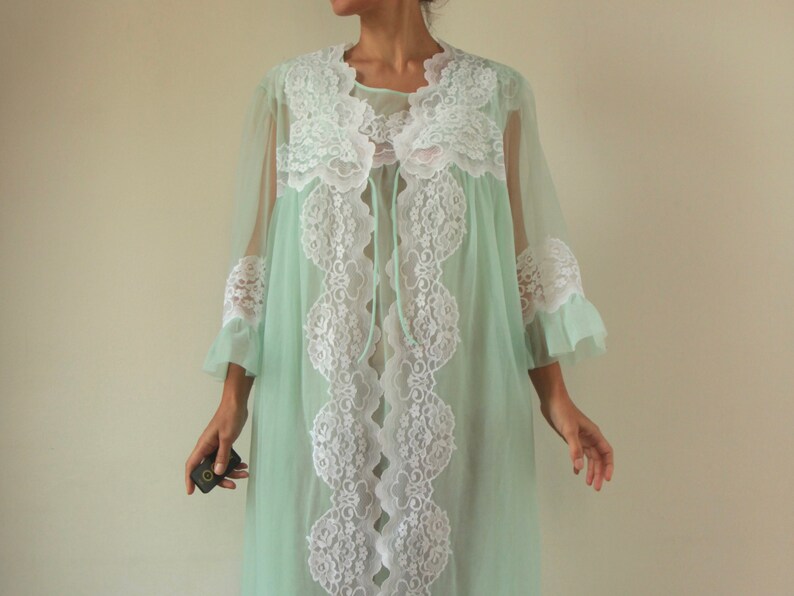 1960s Peignoir Set In Pastel Seafoam Green Sheer Nylon Chiffon Etsy