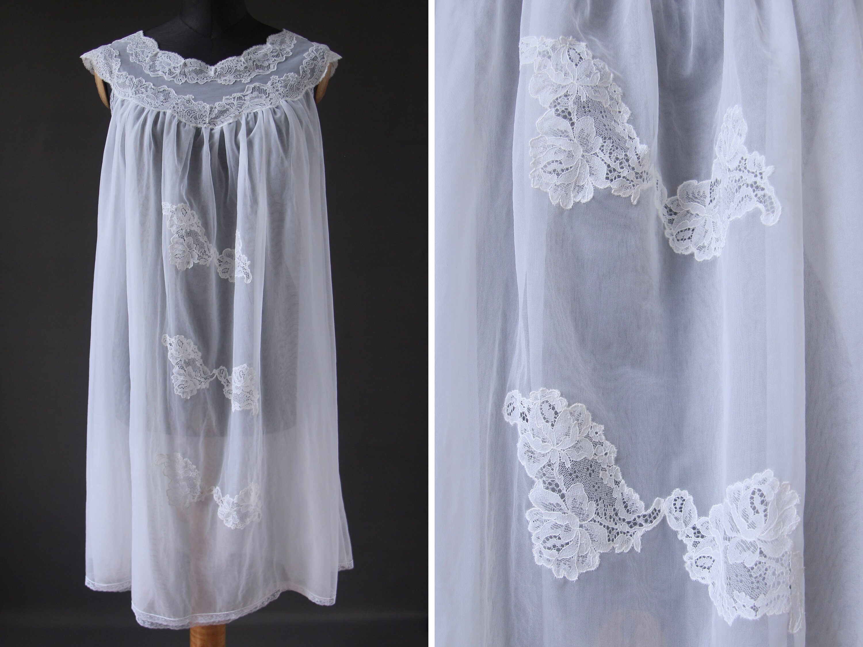 1960s White Babydoll Peignoir Set Sheer Nylon Tricot Chiffon With Lace ...
