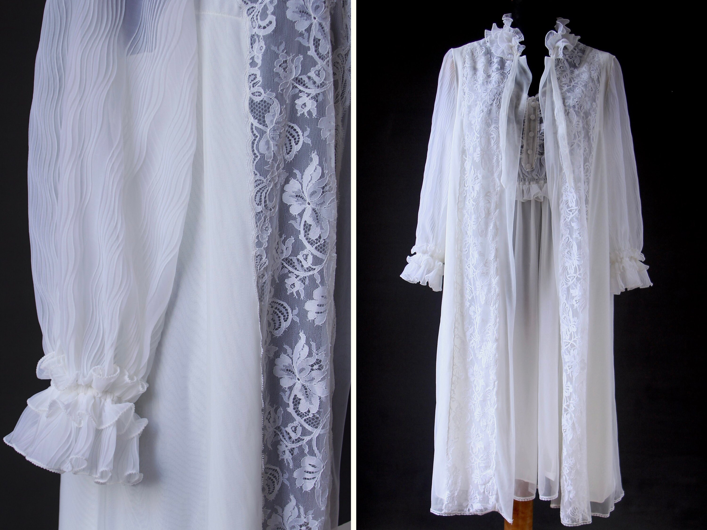 1960s/1970s Peignoir Set in White Sheer Nylon Tricot Chiffon With Lace ...