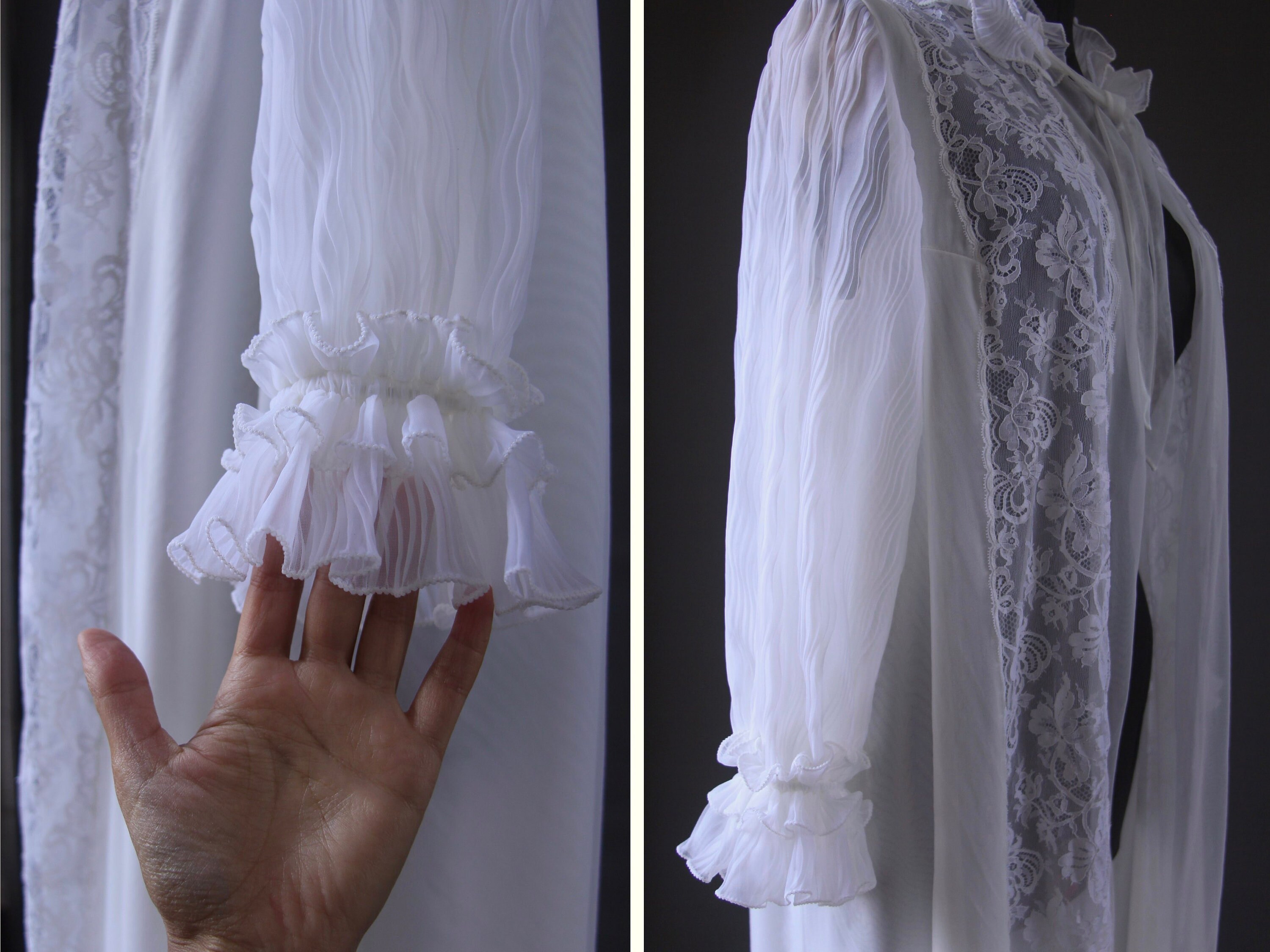 1960s/1970s Peignoir Set in White Sheer Nylon Tricot Chiffon With Lace ...