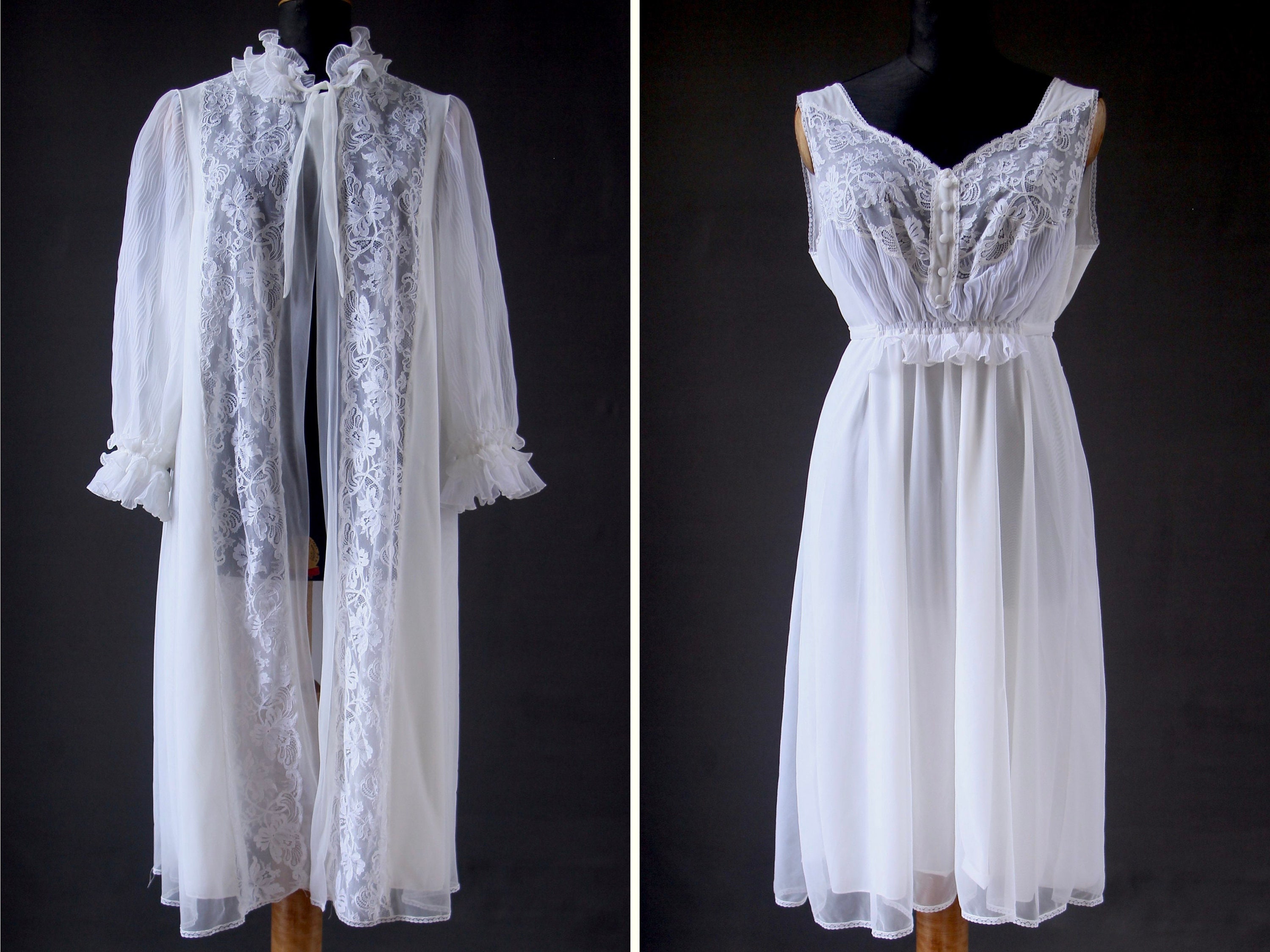 1960s/1970s Peignoir Set in White Sheer Nylon Tricot Chiffon With Lace ...