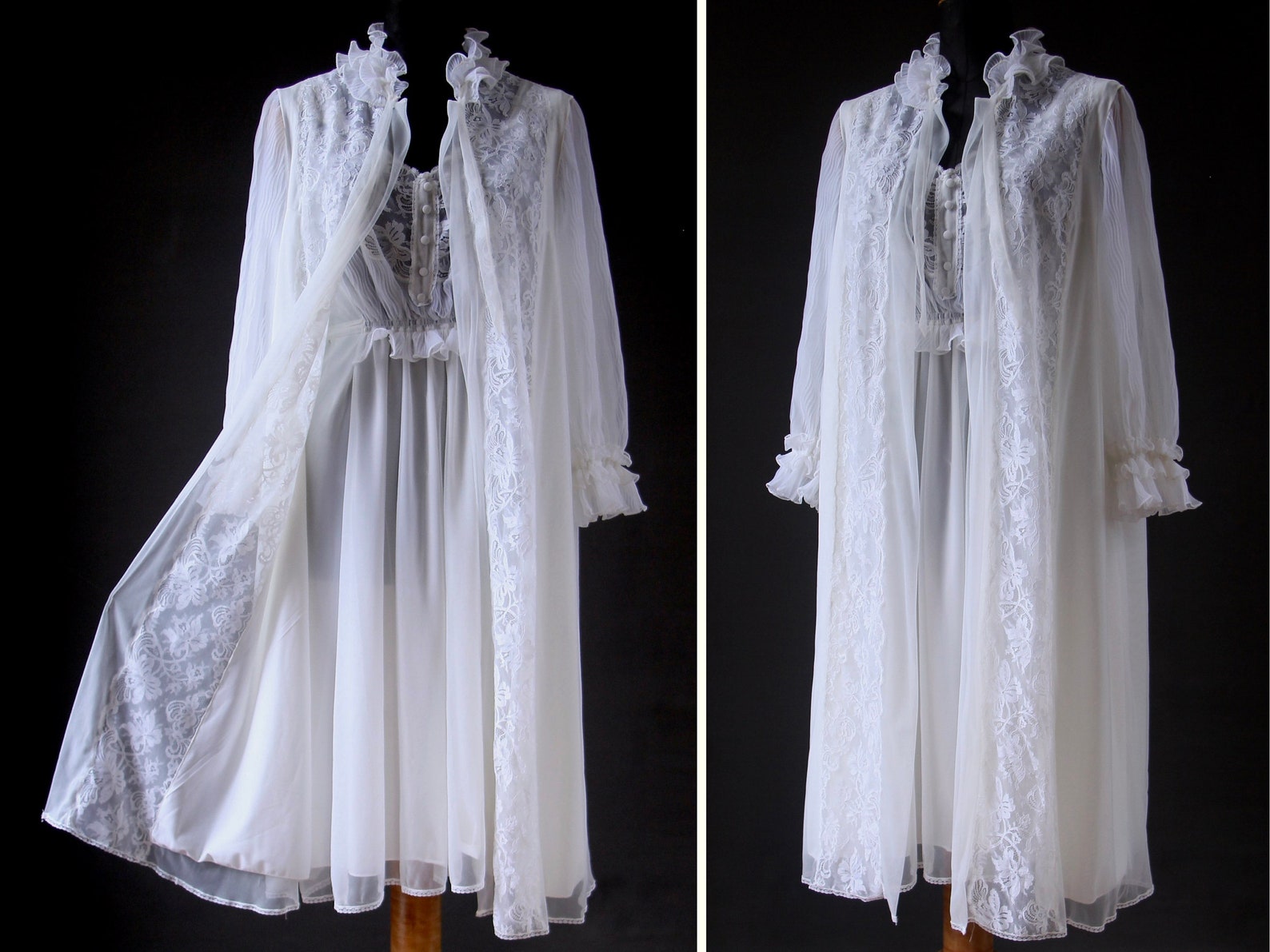 1960s 1970s Peignoir Set In White Sheer Nylon Tricot Chiffon With Lace