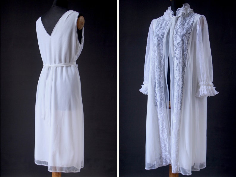 1960s/1970s Peignoir Set in White Sheer Nylon Tricot Chiffon With Lace ...