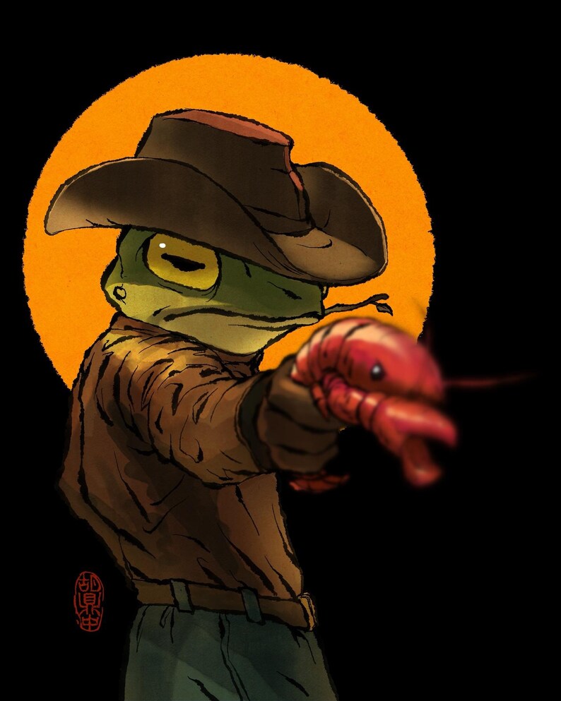 Gunslinger Cowboy Western Frog With Pistol Shrimp Crawdad Artwork ...