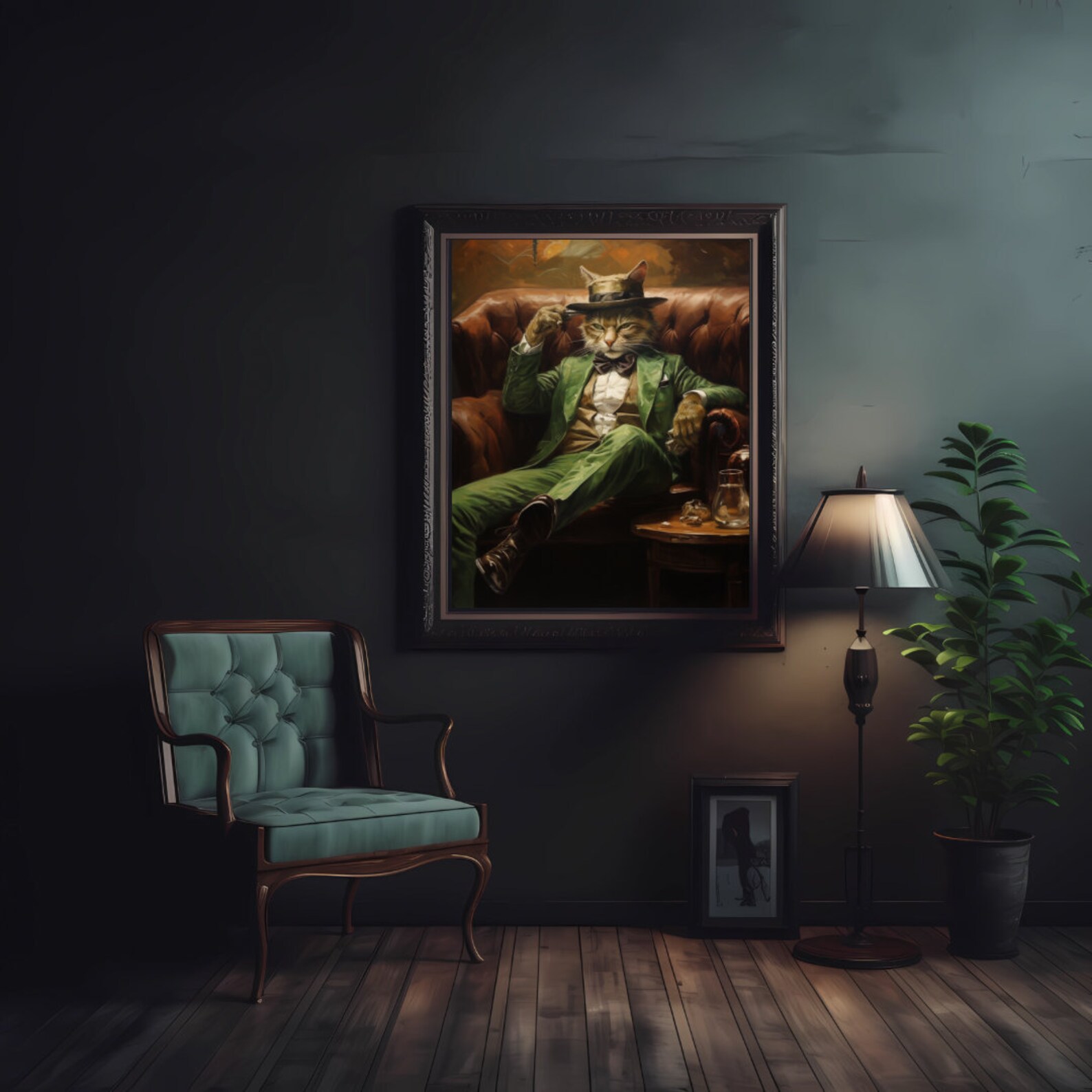 Cat Boss Drinking Whiskey Digital Download Cat in Green Suit Poster ...