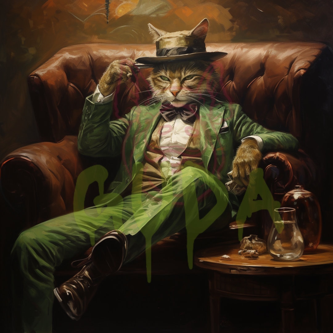 Cat Boss Drinking Whiskey Digital Download Cat in Green Suit Poster ...