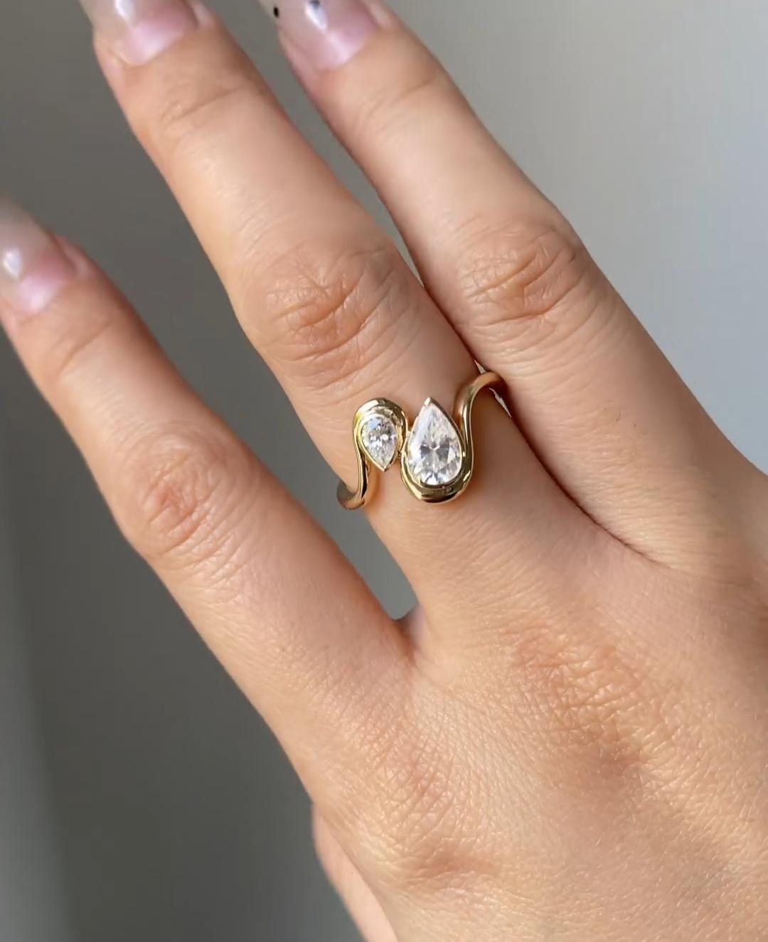 14K Solid Yellow Gold Two Stone Pear Ring Toi Et Moi Ring Pear Cut ...
