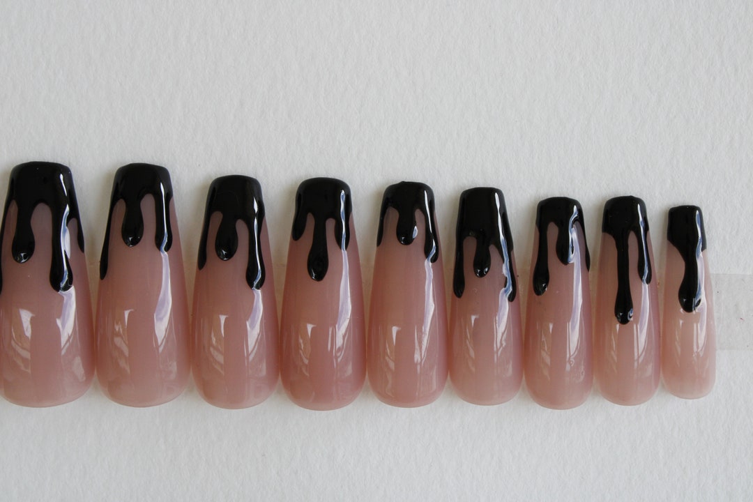 Black Drip Press on Nails - 10 or 20pc French Drip Press on Nail Set ...