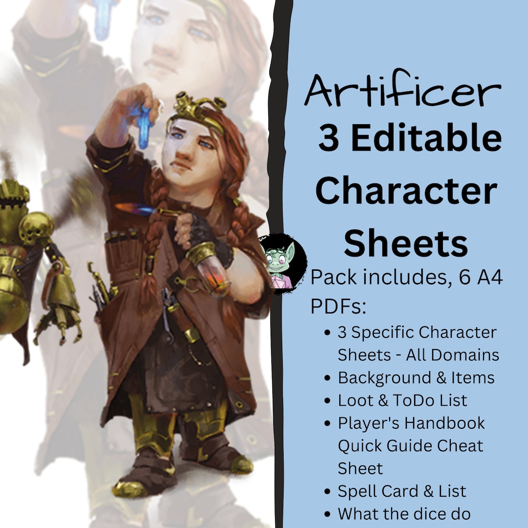 Artificer Dungeons and Dragons Character Sheet 9 Editable Pdfs A4 ...