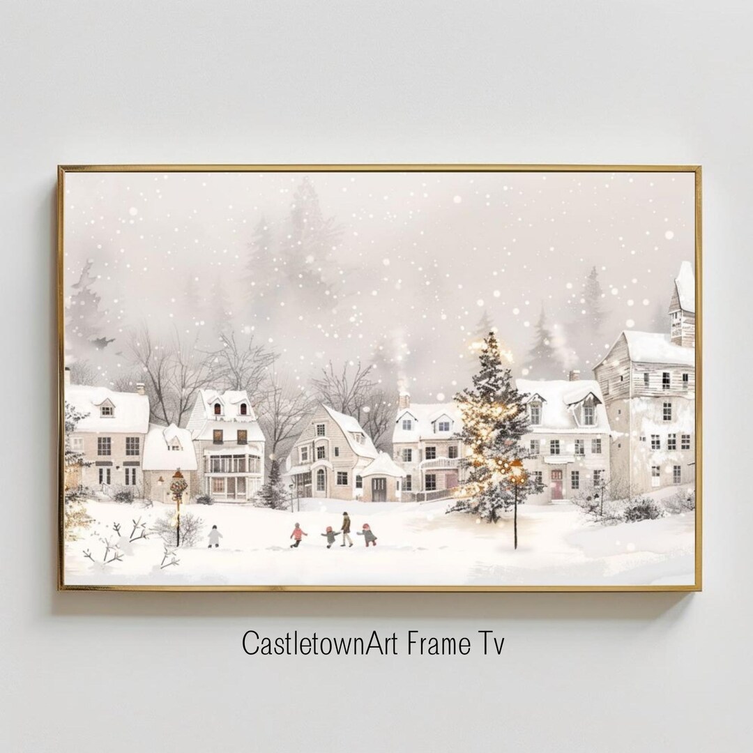 Snowy Christmas Village TV Frame | White Winter Town Digital Art | Cozy ...