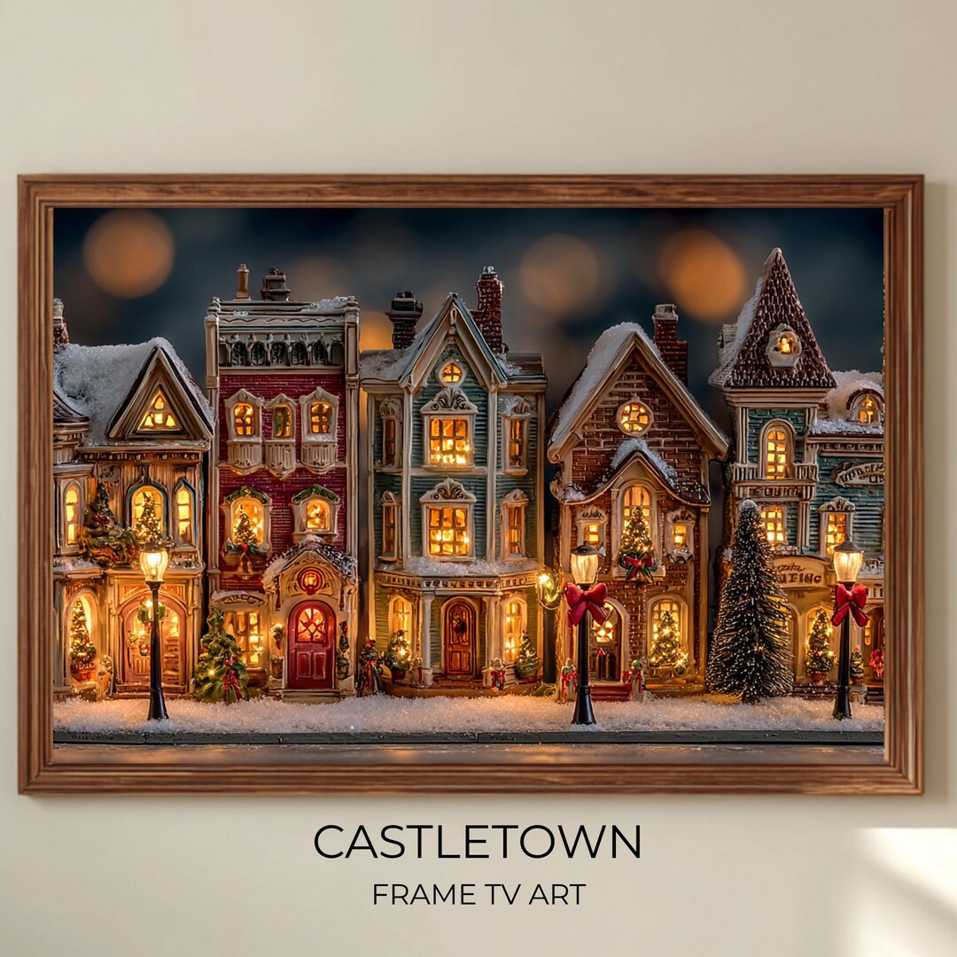 Cozy Christmas Village TV Frame Art | Snowy Winter Town (digital ...
