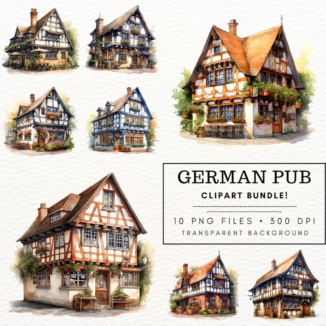 German Pub Clipart, Cottage Clipart, Vintage Pub Clipart, Houses Bundle ...